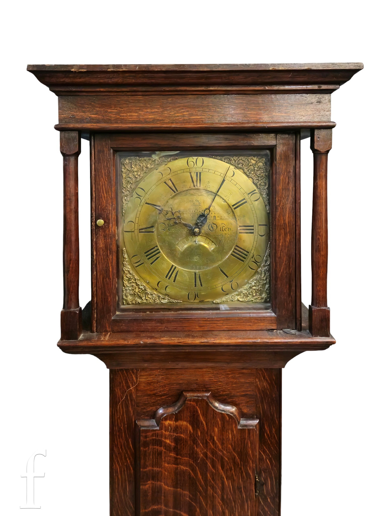 An 18th Century oak longcase clock with 30-hour movement striking on a ...