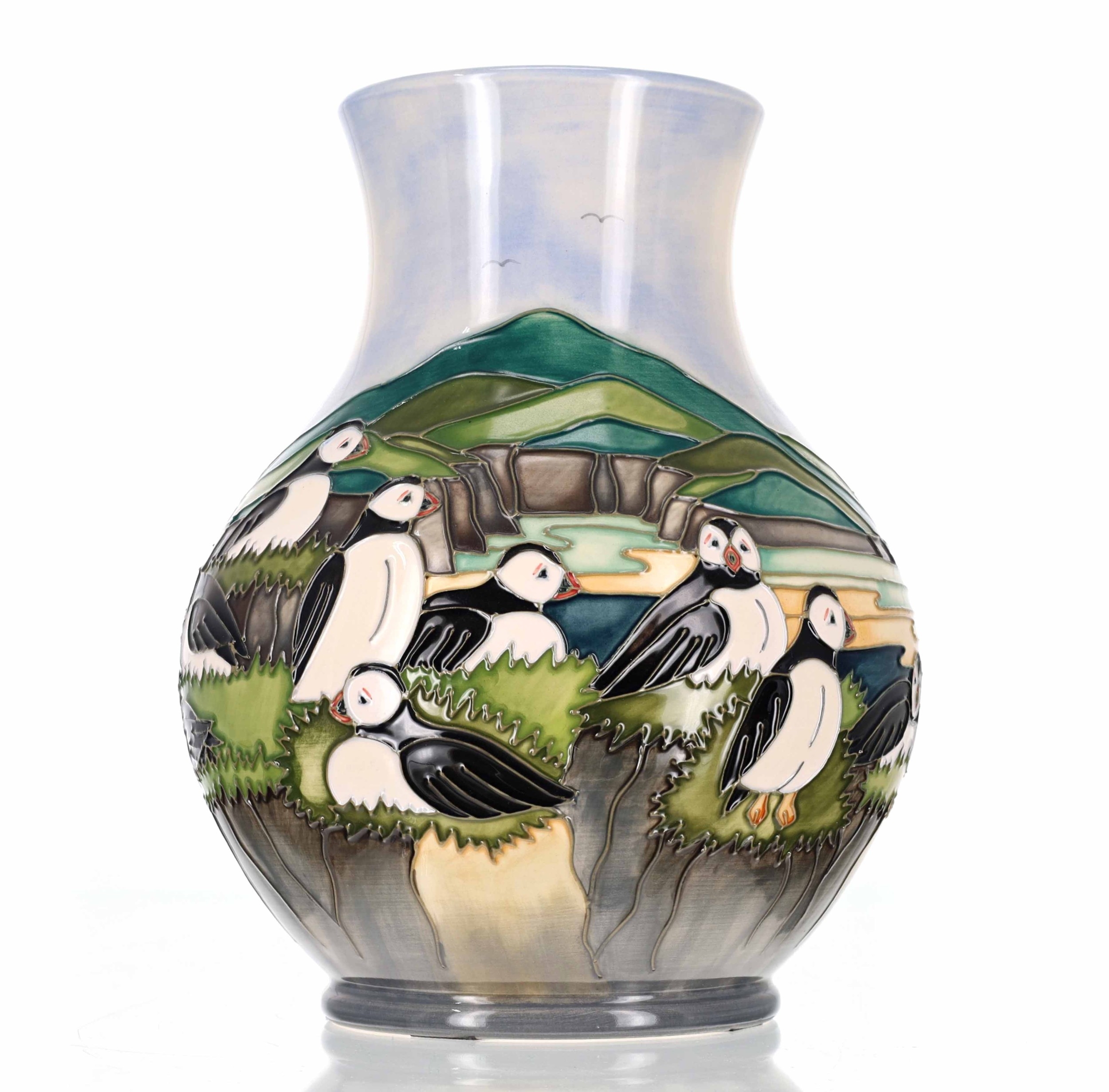 Moorcroft Pottery, a rare 'Puffins' vase, bearing the jug date mark ...