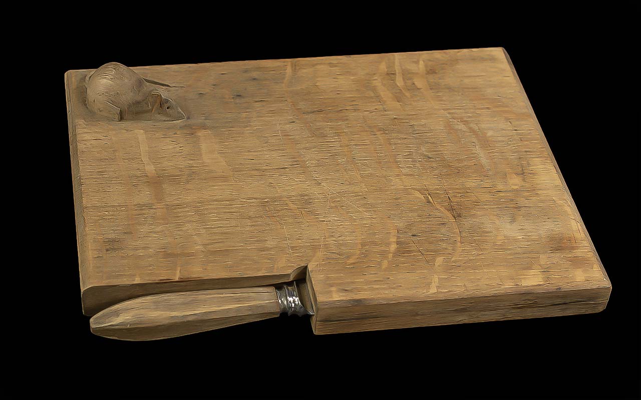 Robert Thompson ' Mouseman ' Oak Cheese Board with Cheese Knife. The ...