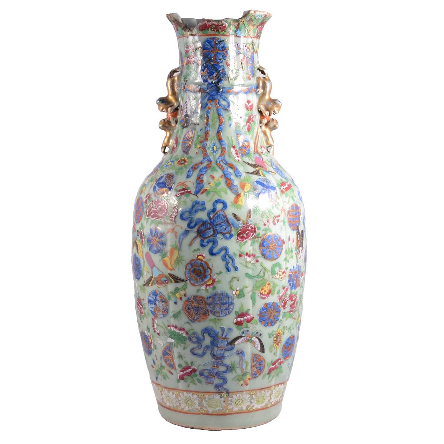 Large Chinese polychrome vase, celadon ground, painted with birds ...
