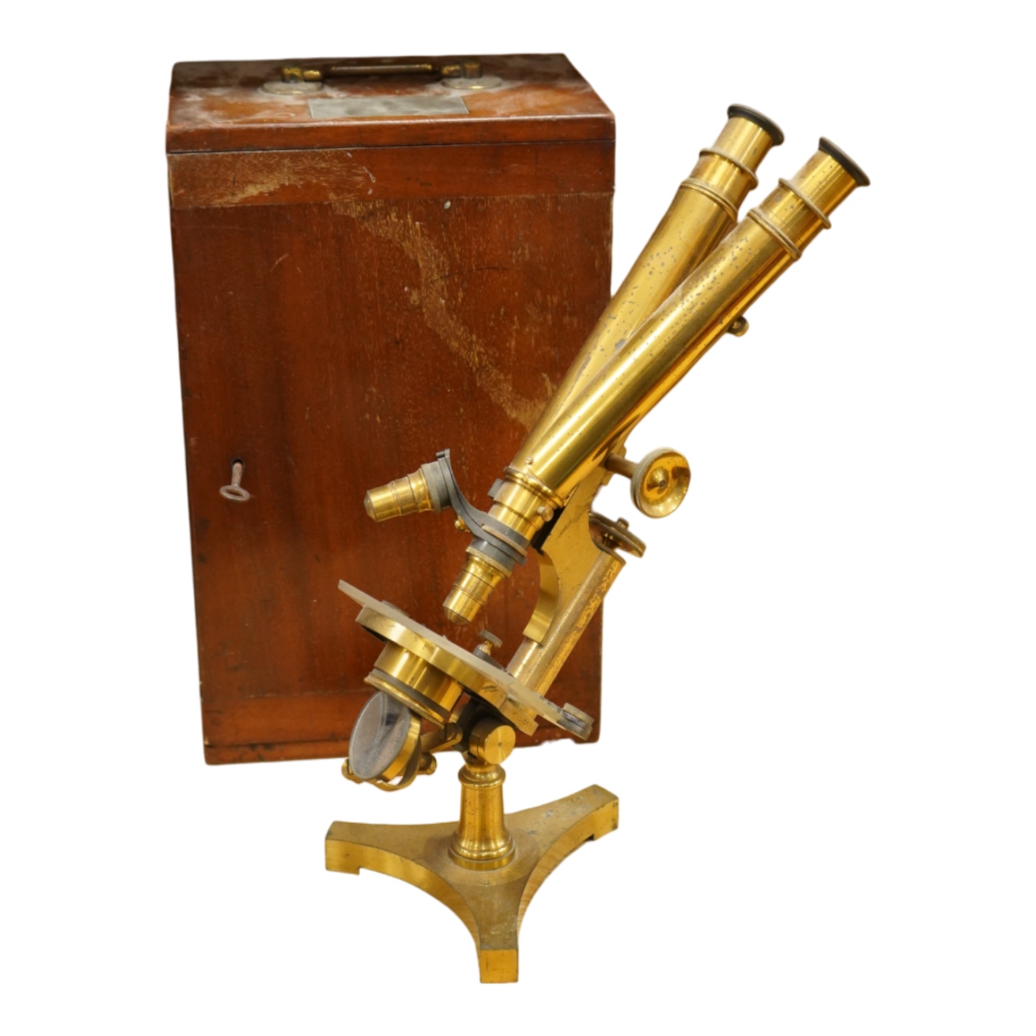 A late 19th century brass compound binocular microscope, by R. & J ...