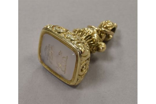 ANTIQUE GOLD FOB SEAL WITH CHALCEDONY matrix intaglio carved base ...