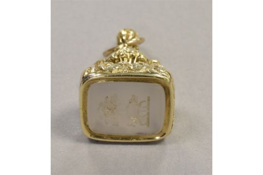 ANTIQUE GOLD FOB SEAL WITH CHALCEDONY matrix intaglio carved base ...