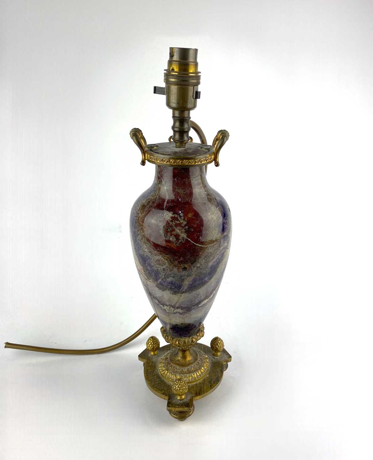 A gilt metal mounted Blue John table lamp 38cm high including fittings