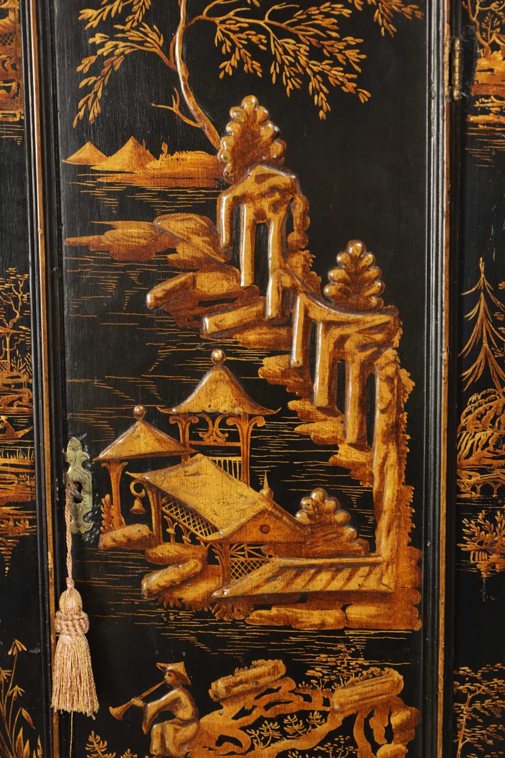 JOHN COTTRILL, LONDON. A GEORGE II LACQUERED CHINOISERIE LONGCASE CLOCK ...