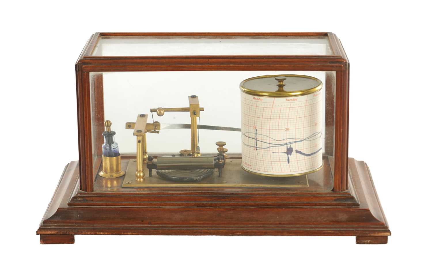 A 19TH CENTURY MAHOGANY BARAGRAPH with glazed moulded case having a ...