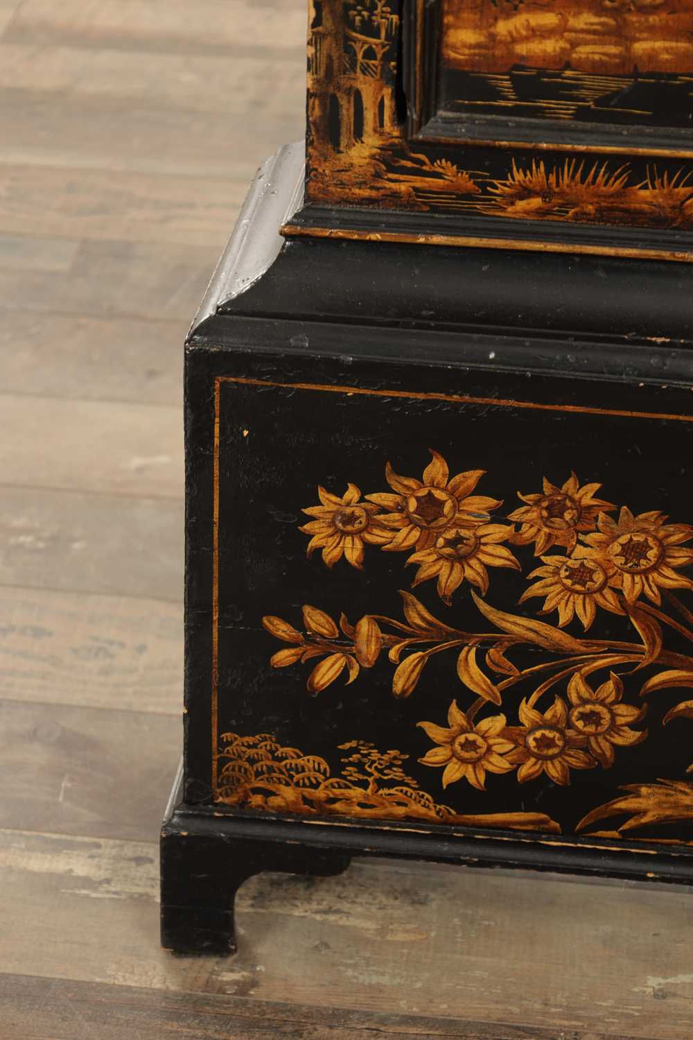 JOHN COTTRILL, LONDON. A GEORGE II LACQUERED CHINOISERIE LONGCASE CLOCK ...