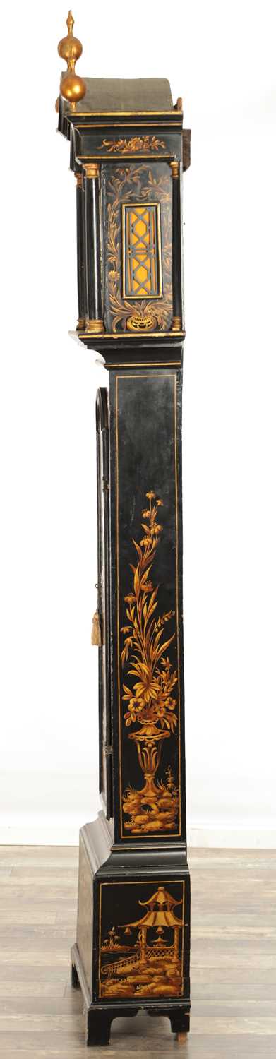 JOHN COTTRILL, LONDON. A GEORGE II LACQUERED CHINOISERIE LONGCASE CLOCK ...