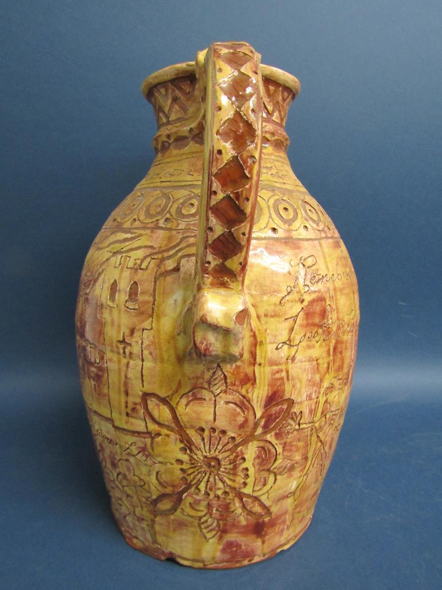 Sodom & Gomorrah large slipware pitcher with sgraffito scratch ...