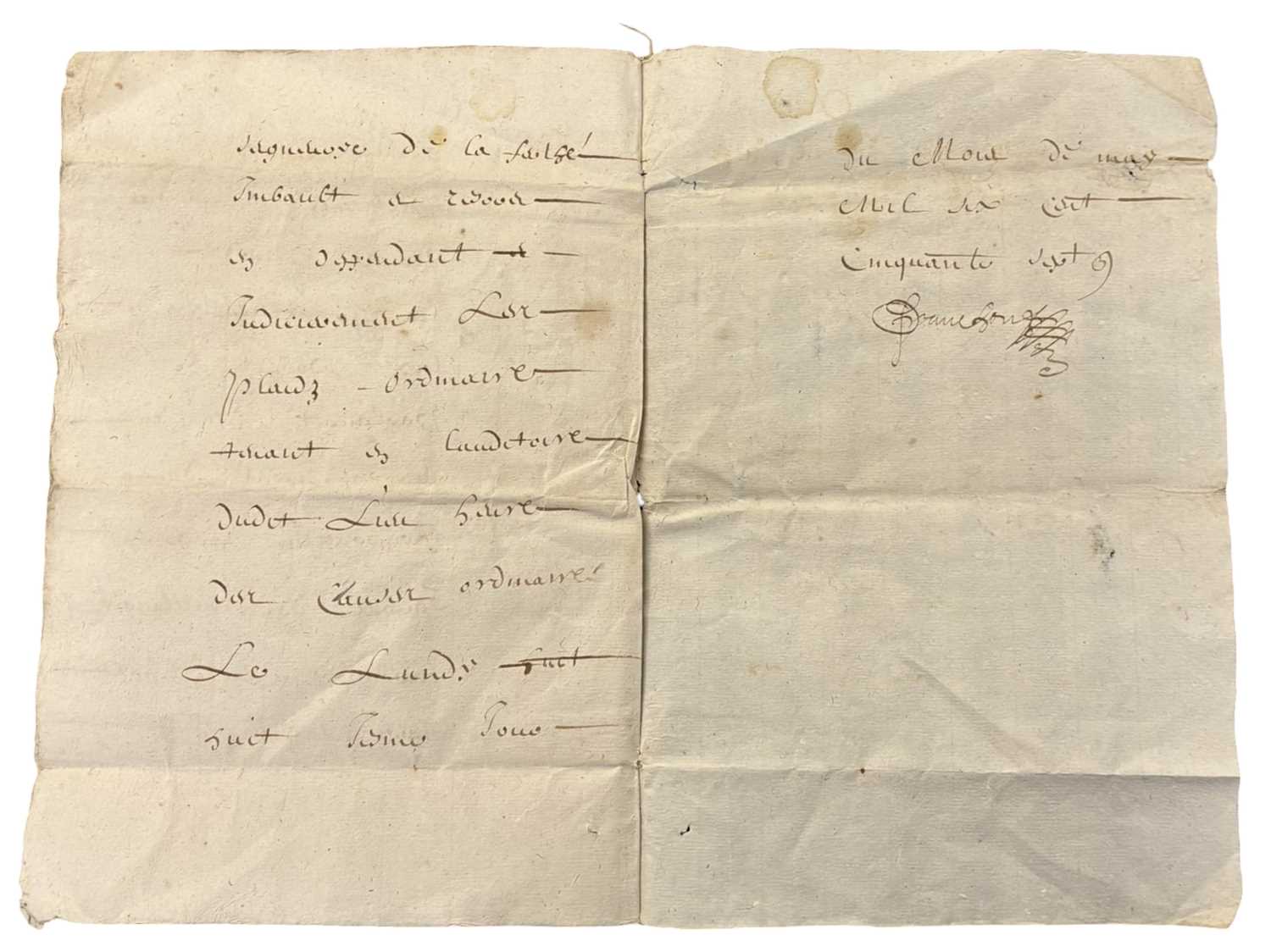 MANUSCRIPT. 1656 LEGAL DOCUMENT. 7pp. Dated 8th May 1656. Early French ...