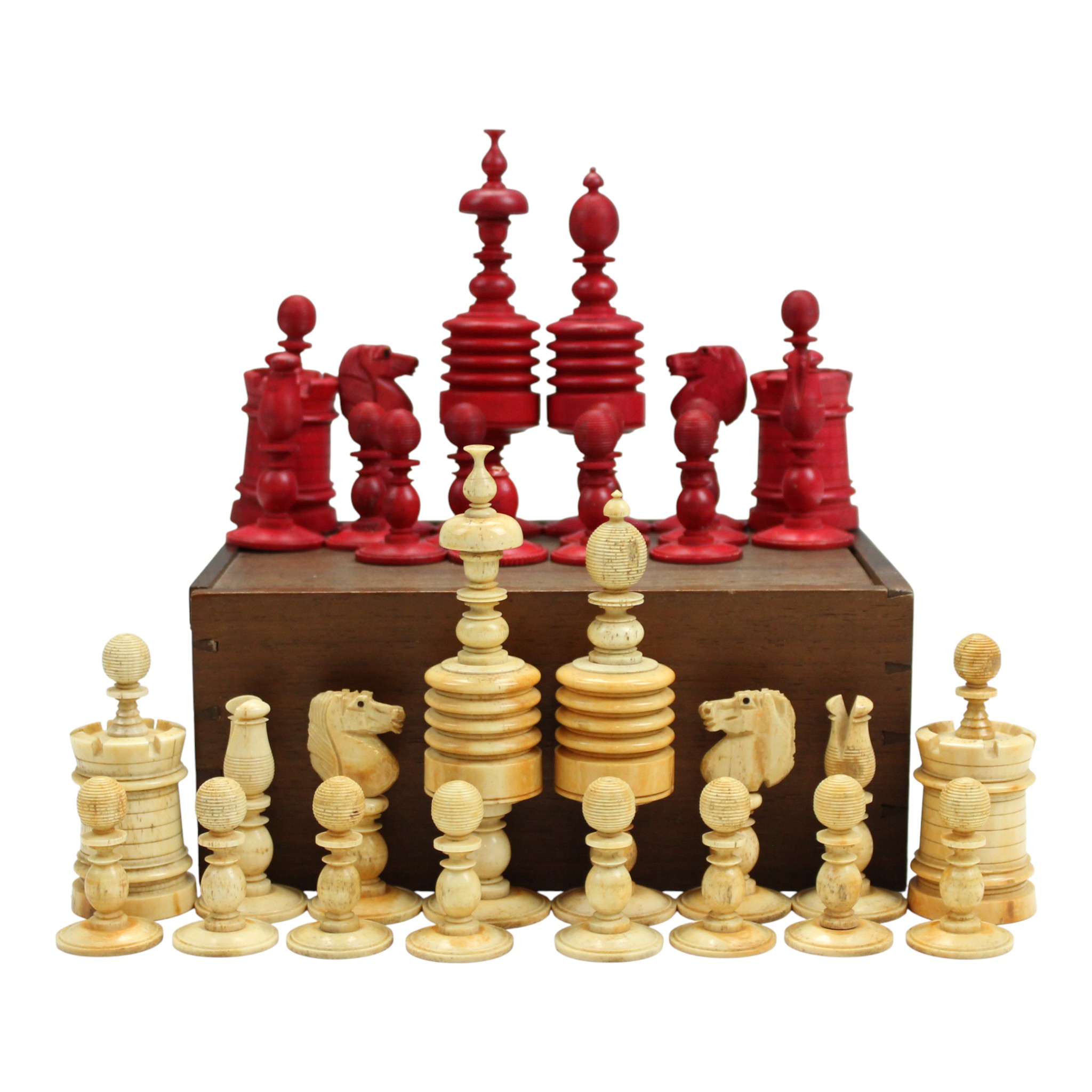 A 19th Century English Barleycorn pattern chess set, turned, carved and ...