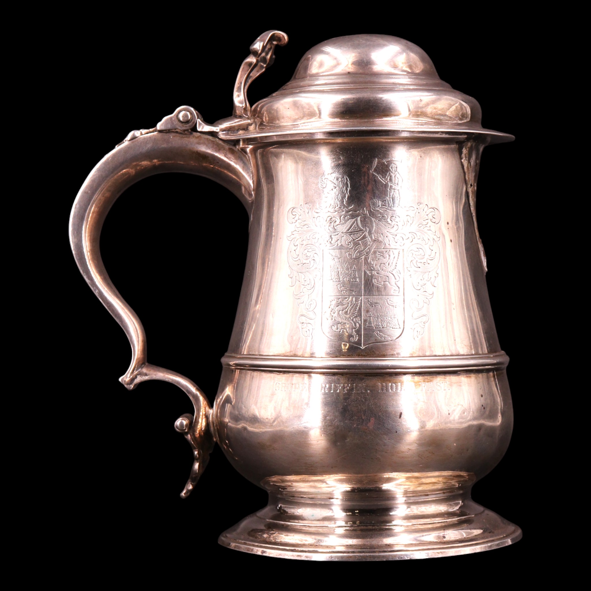 A George II silver baluster tankard, having a moulded-domed hinged lid ...