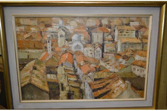 ARR Perpetua Pope (1916-2013) Roofs Dubrovnik oil on canvas, signed ...