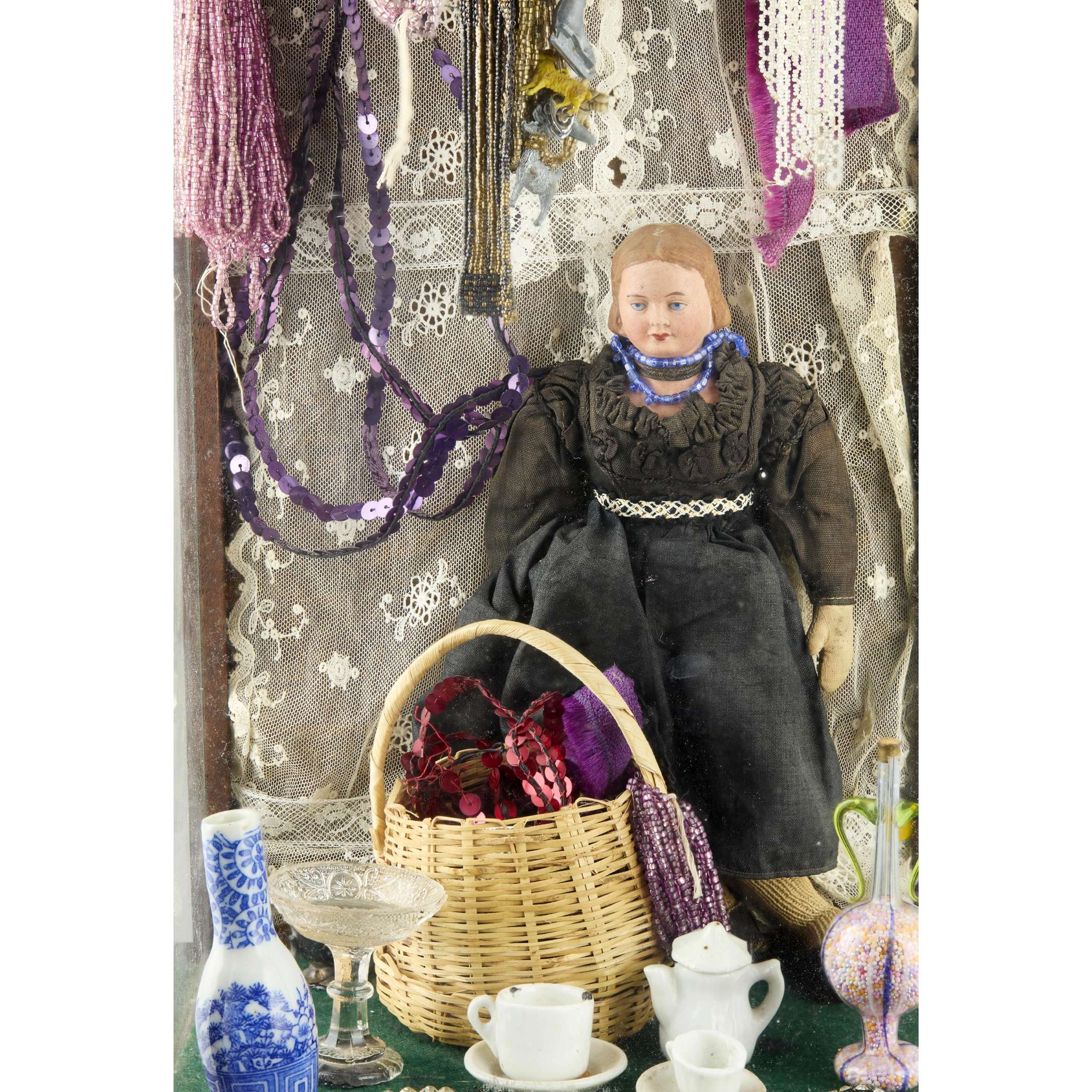 VICTORIAN CASED DIORAMA OF A LACE AND NOTIONS SELLER LATE 19TH CENTURY ...