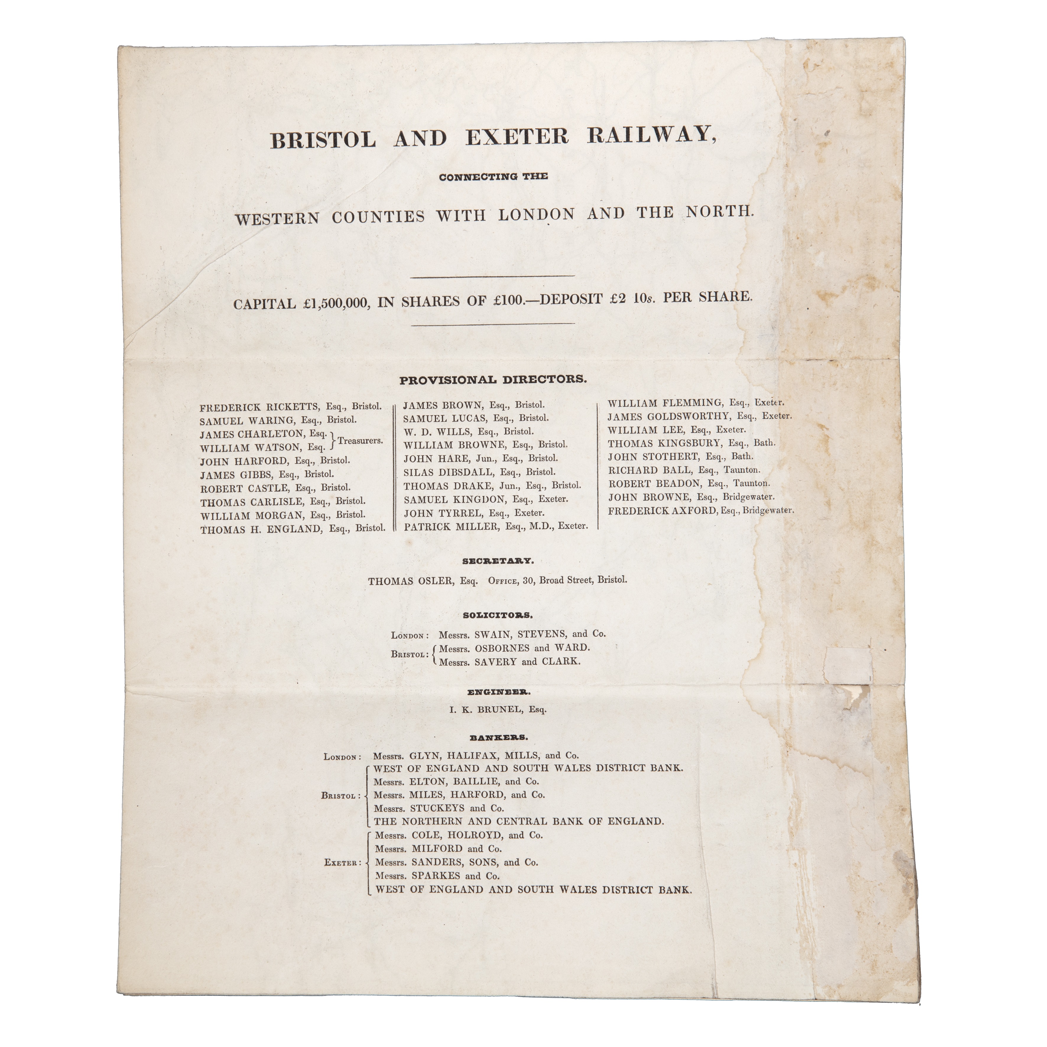Bristol and Exeter Railway - Share Prospectus, printed by Richard ...