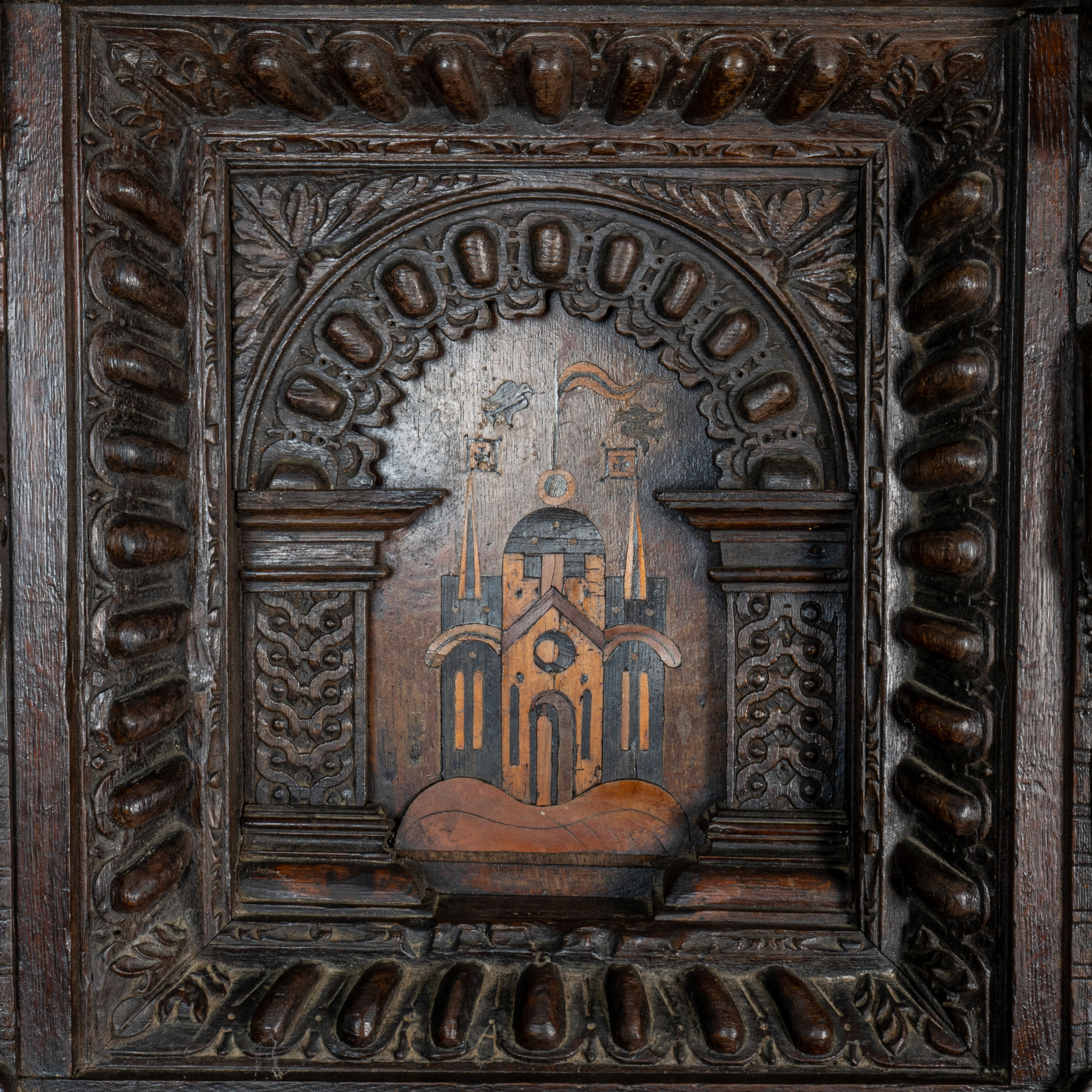 A 16th century and later tester bed The panelled canopy with carved ...