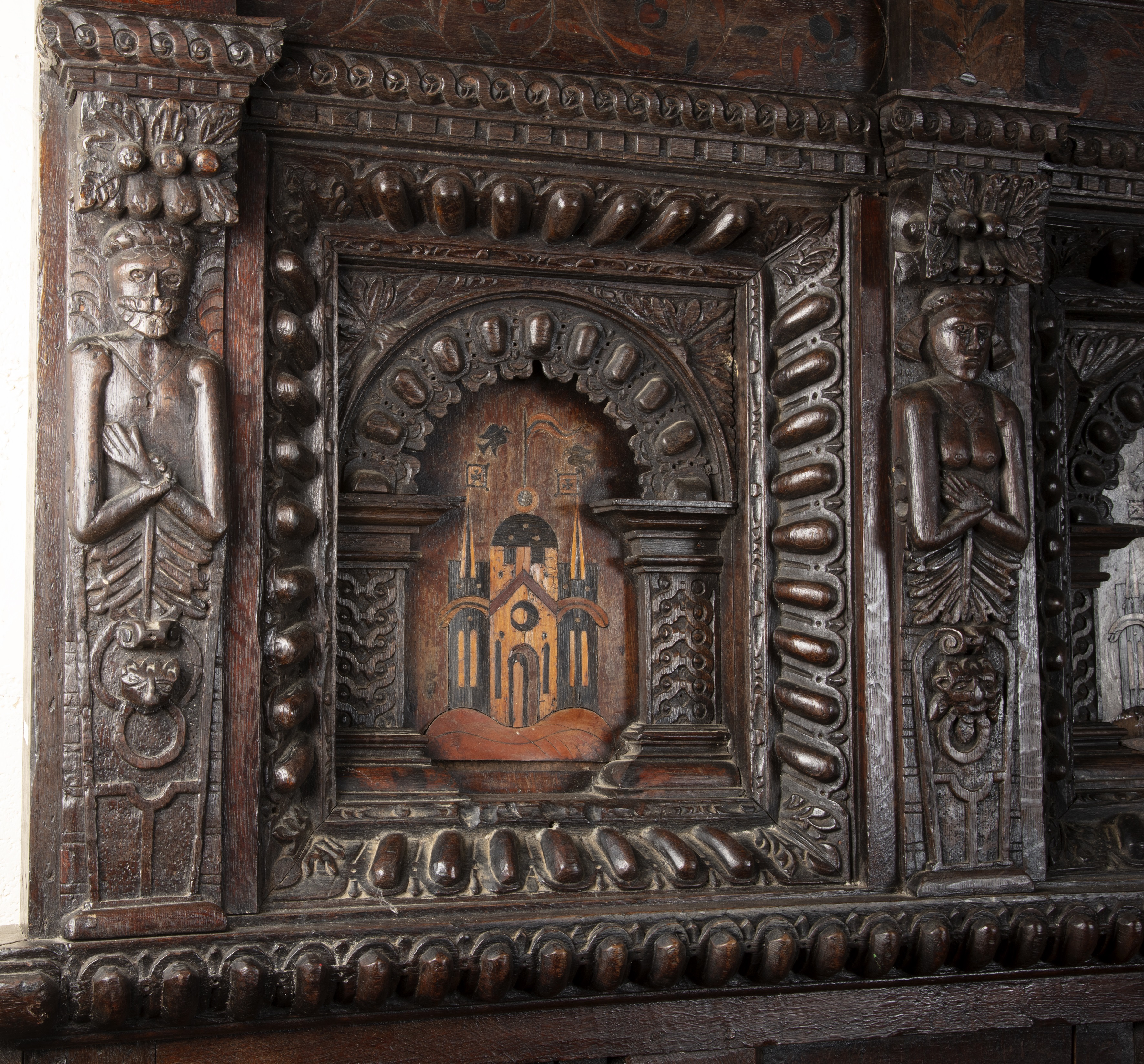 A 16th century and later tester bed The panelled canopy with carved ...