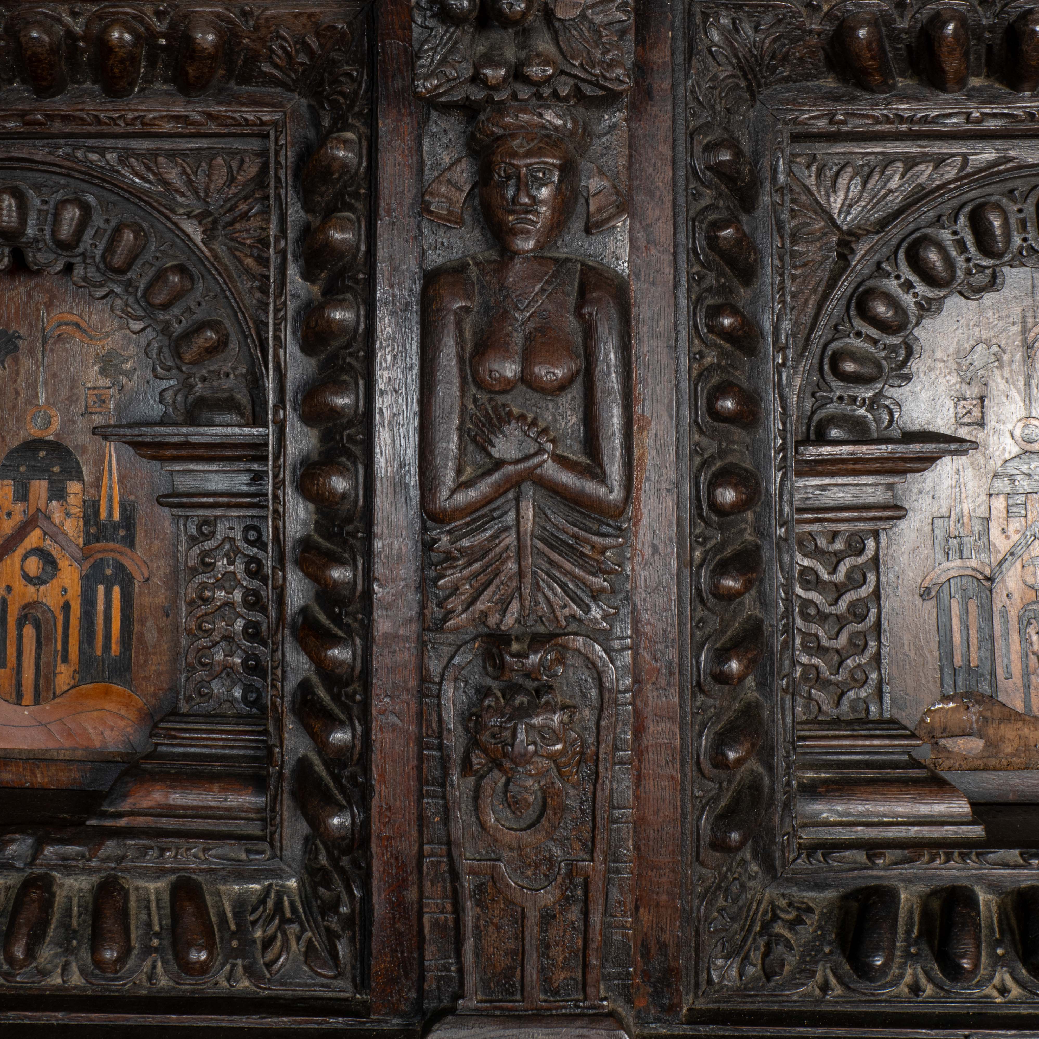 A 16th century and later tester bed The panelled canopy with carved ...