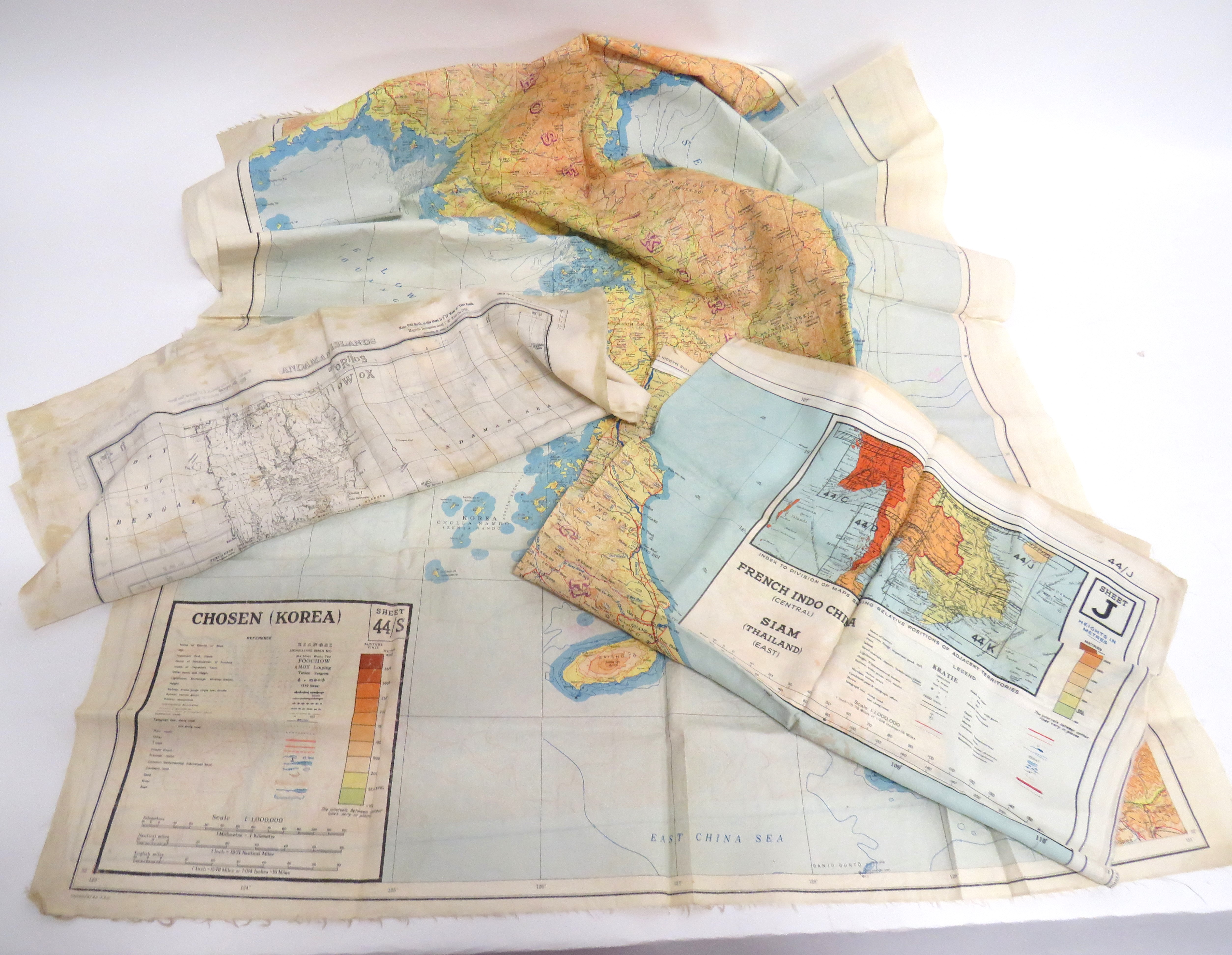 Three Various WW2 Silk Escape Maps consisting black and white, double ...