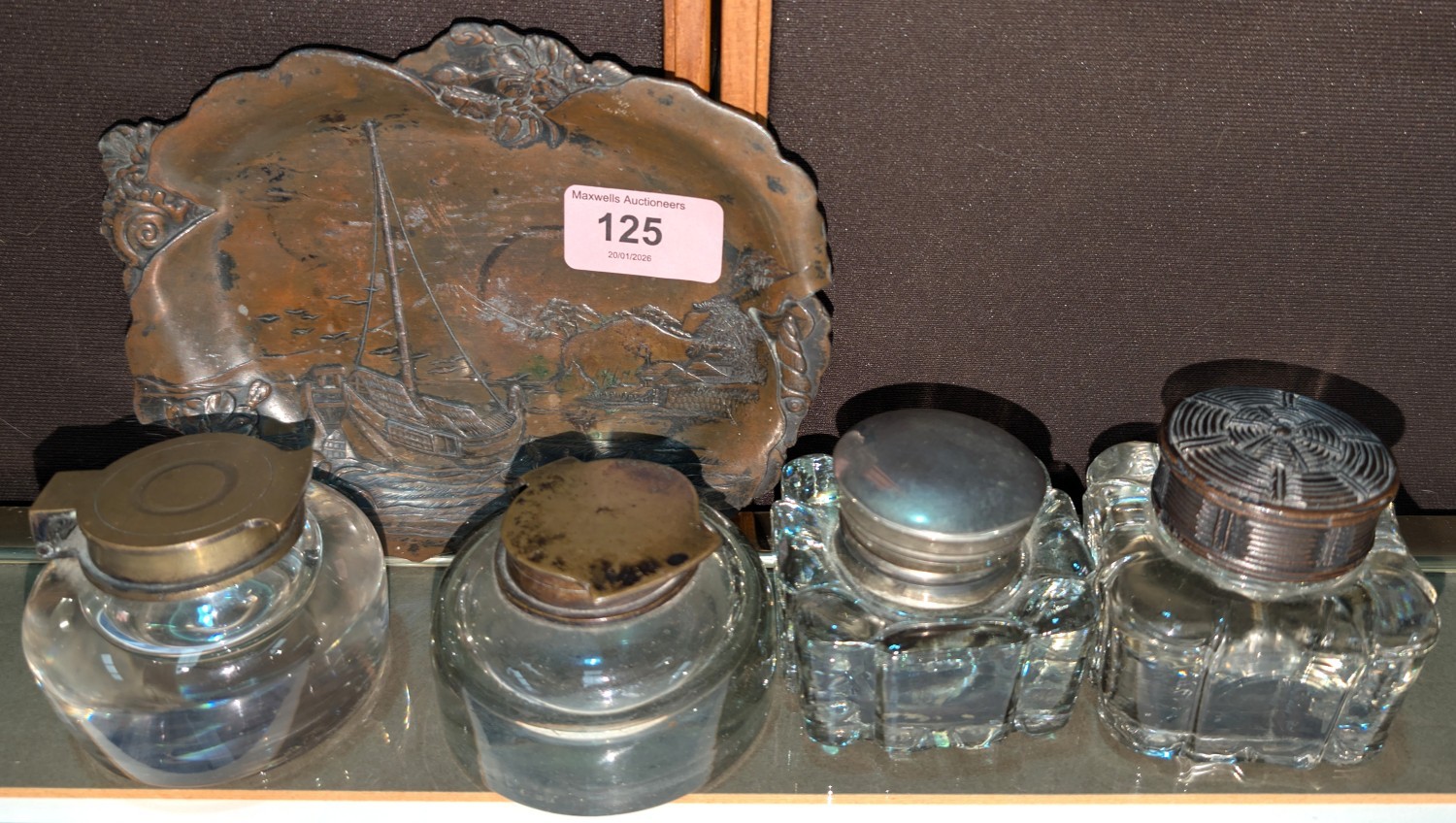 A late 19th/early 20th century Japanese bronze dish and four desk ink ...