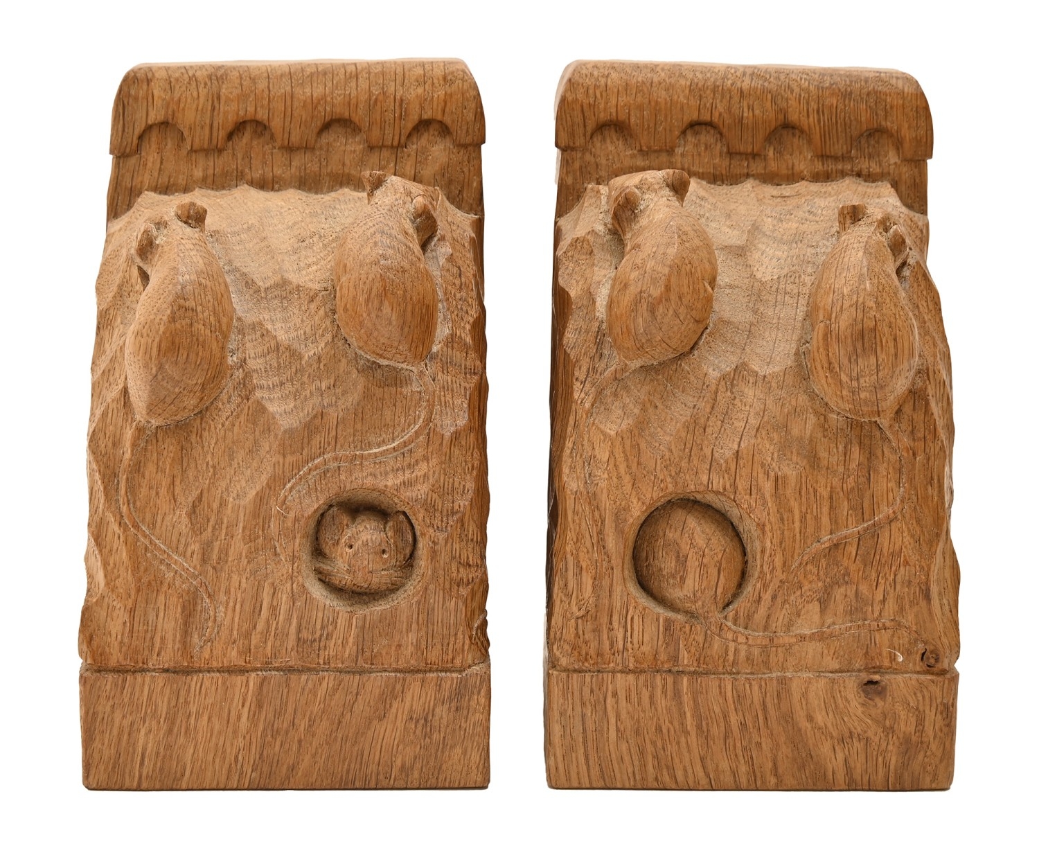 A pair of Robert 'Mouseman' Thompson bookends, c1980, of adzed and ...