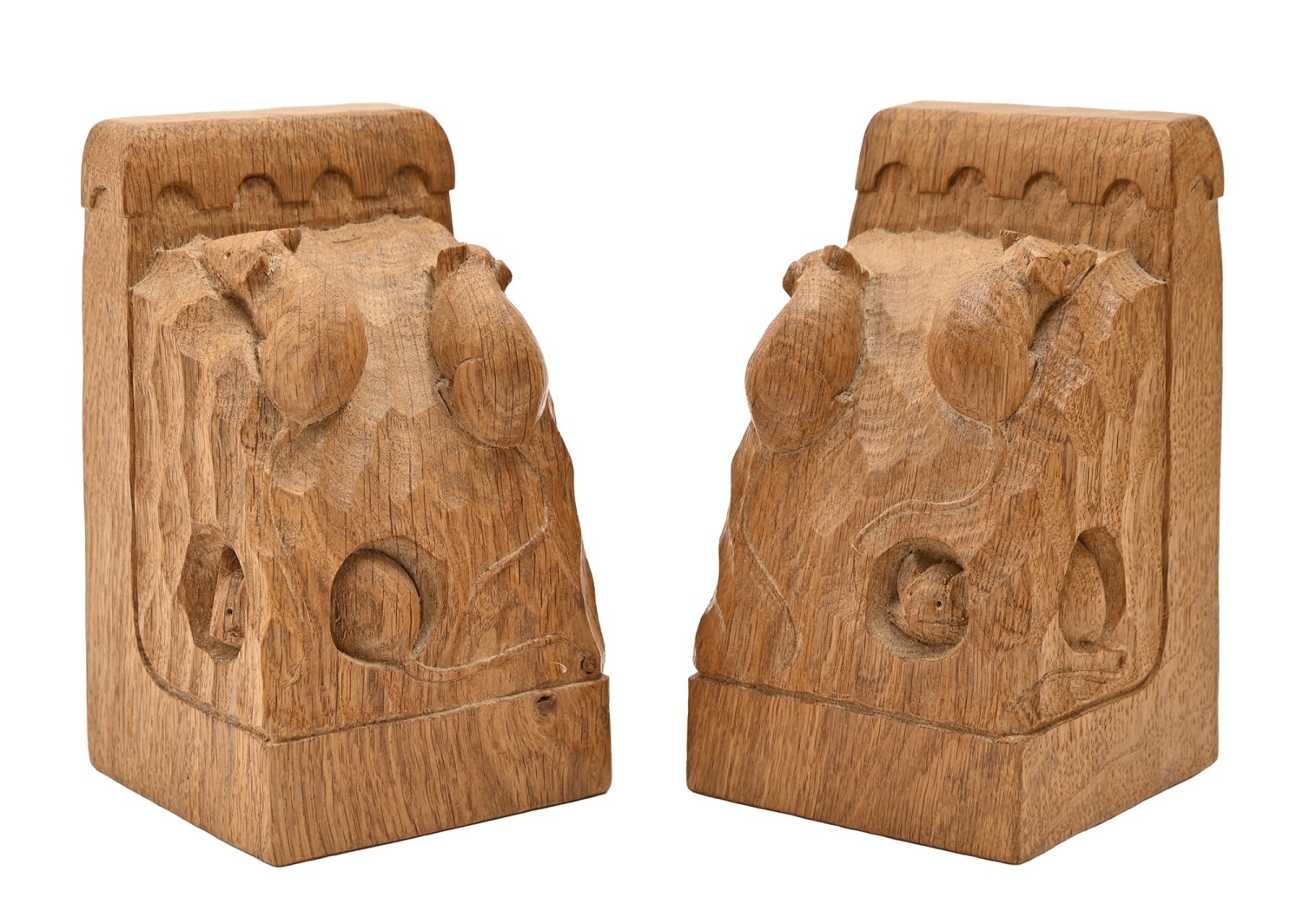 A pair of Robert 'Mouseman' Thompson bookends, c1980, of adzed and ...