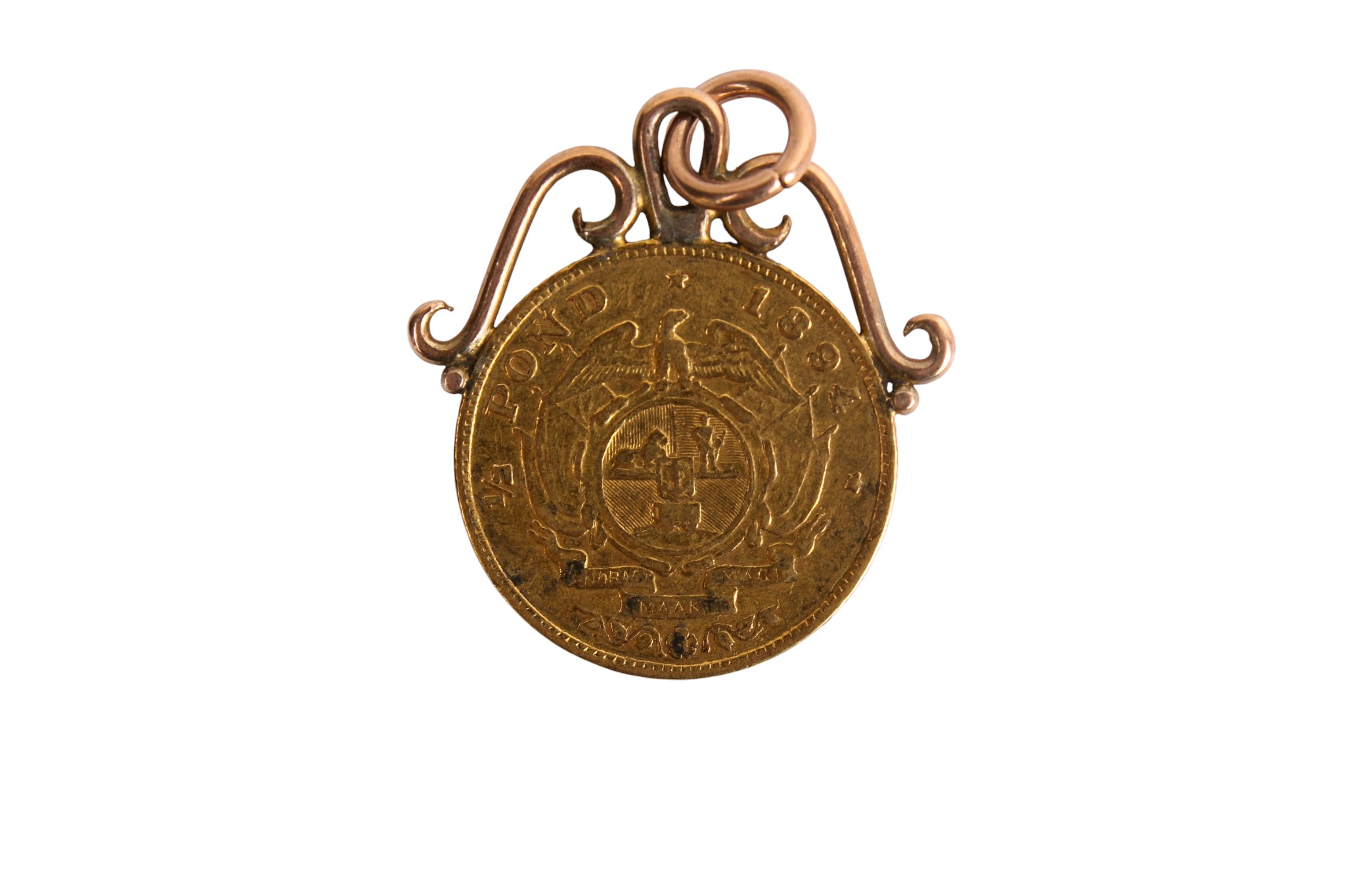 An 1894 South Africa half Pond coin, in a gold mount, total weight 4.8g.
