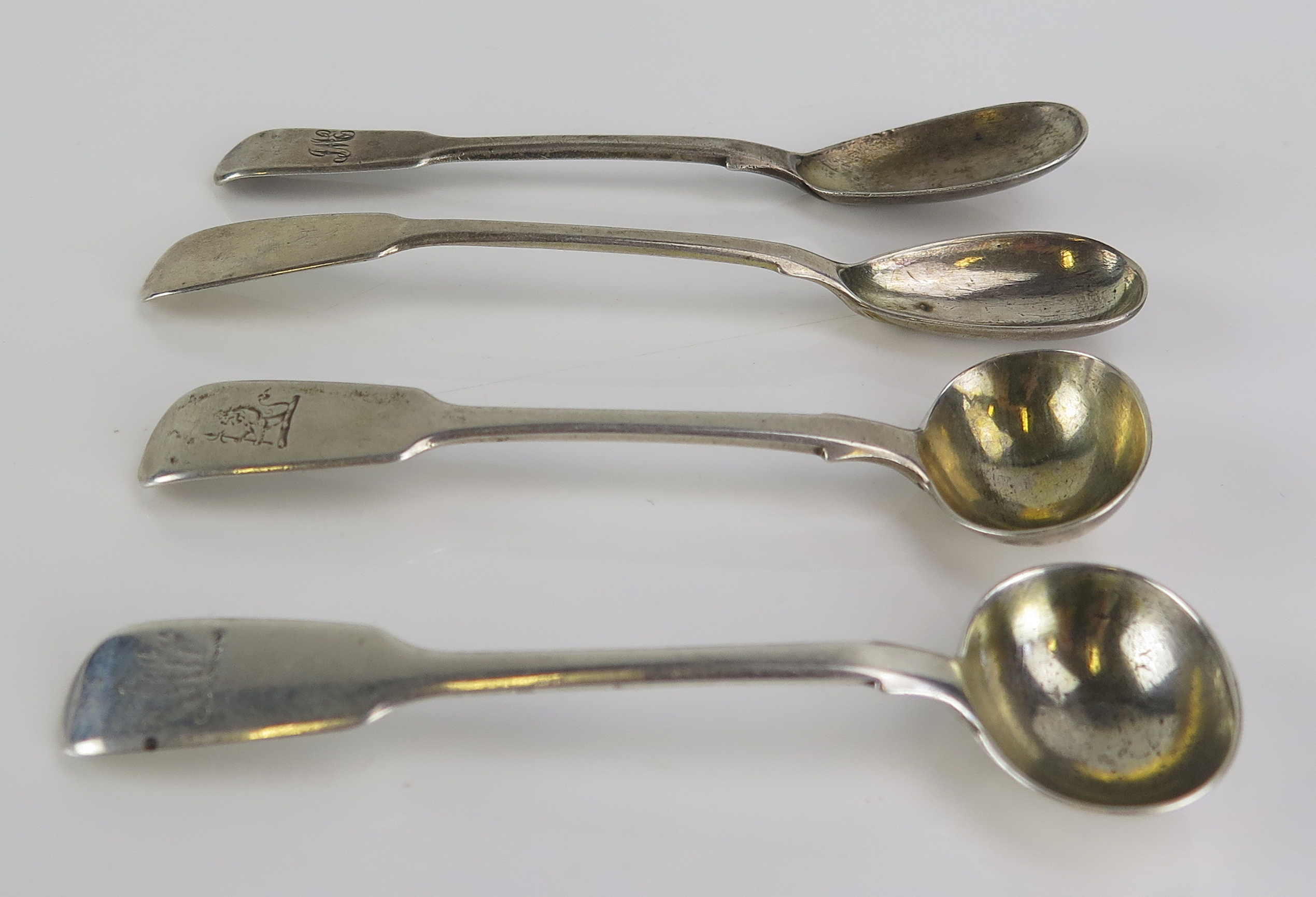 Four assorted silver mustard spoons, various makers and dates, total ...