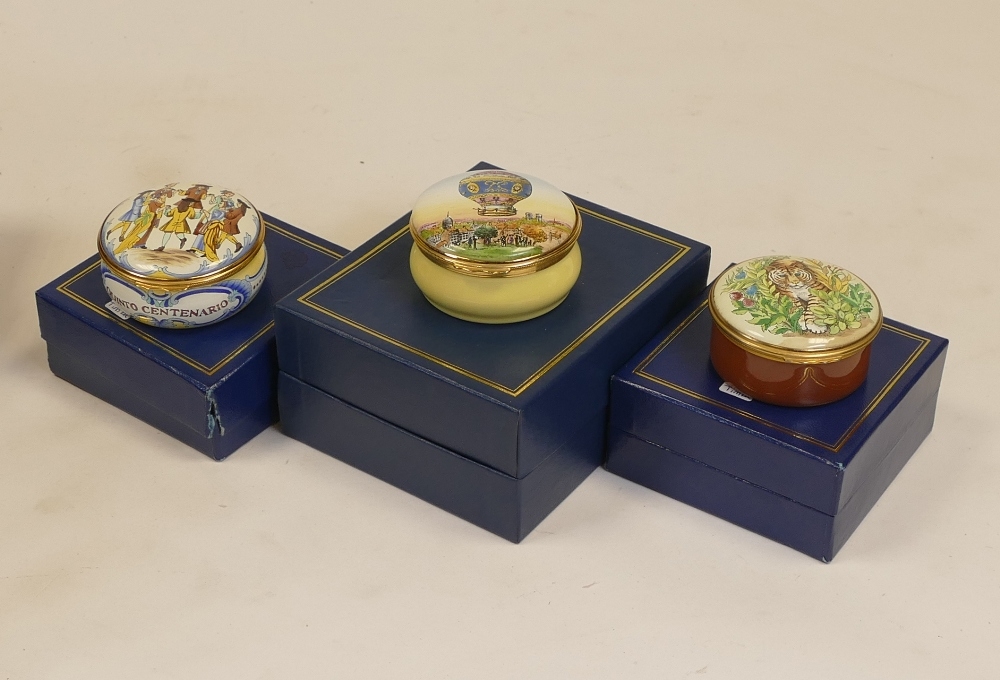 Three Halcyon Enamelled hinged pill boxes to feature designs of ...