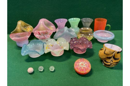 A collection of Vasart studio glass pieces - baskets, top hat vases ...