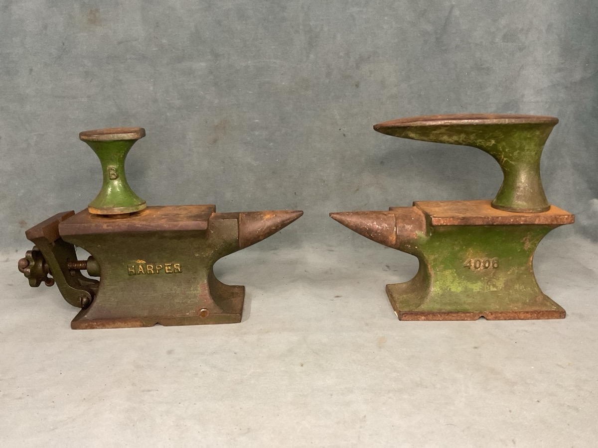Two Harper cast iron cobblers anvils with removable heel and toe lasts ...