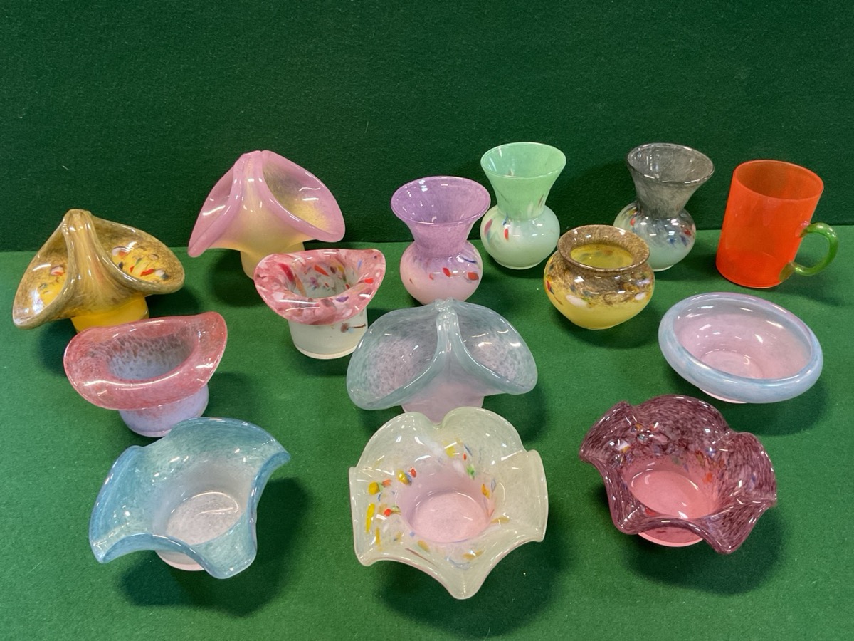 A collection of Vasart studio glass pieces - baskets, top hat vases ...