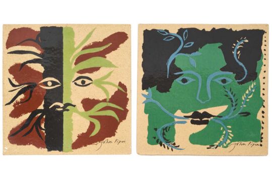 John Piper for Fulham Pottery, two tiles decorated with stylised faces ...