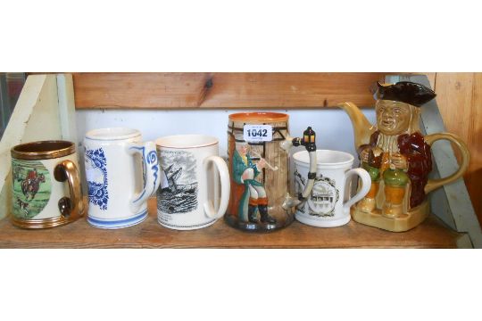 Five ceramic mugs and tankards including Wedgwood 150th anniversary of ...