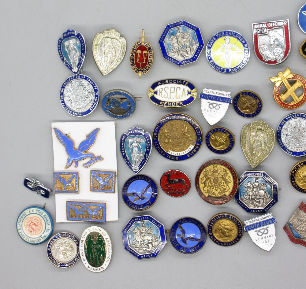 Collection of pin badges relating to NSPCC, Barnardo Helpers League ...