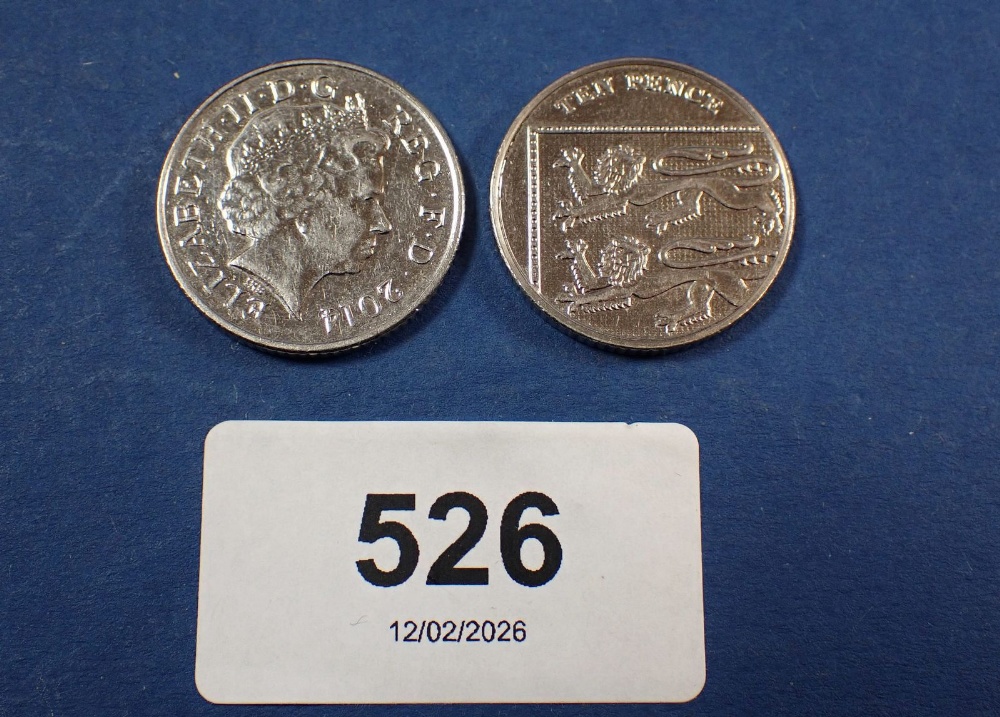 Two double sided ten pence coins, one showing heads on both sides, one ...