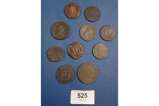A small group of Georgian coins and tokens plus three Roman Coins ...