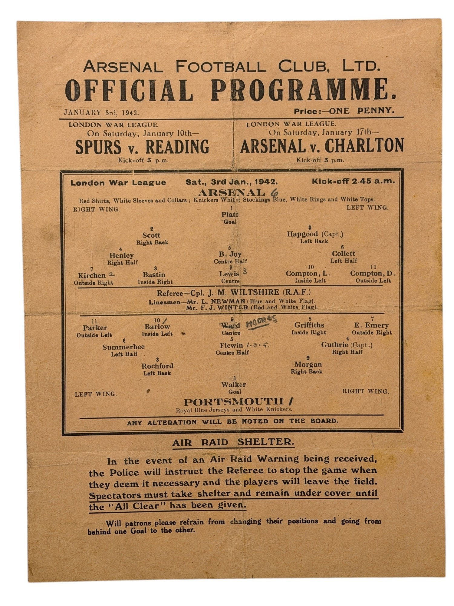 ARSENAL VERSUS PORTSMOUTH 1941/42 FOOTBALL PROGRAMME, WAR-TIME SINGLE ...