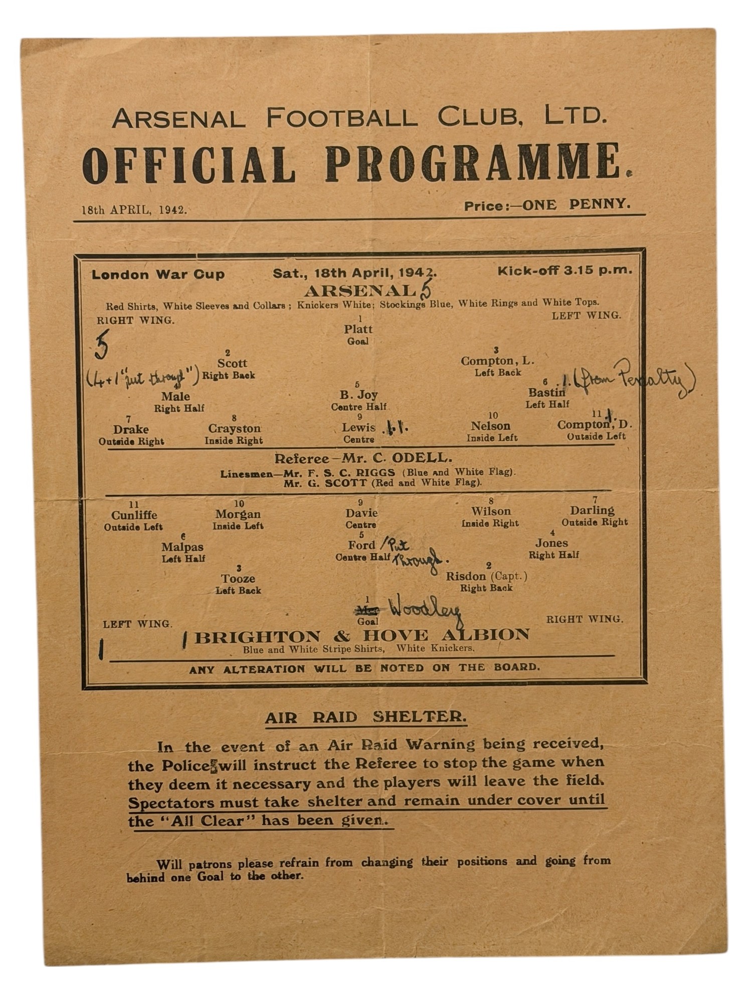 ARSENAL VERSUS BRIGHTON 1941/42 FOOTBALL PROGRAMME, WAR-TIME SINGLE ...