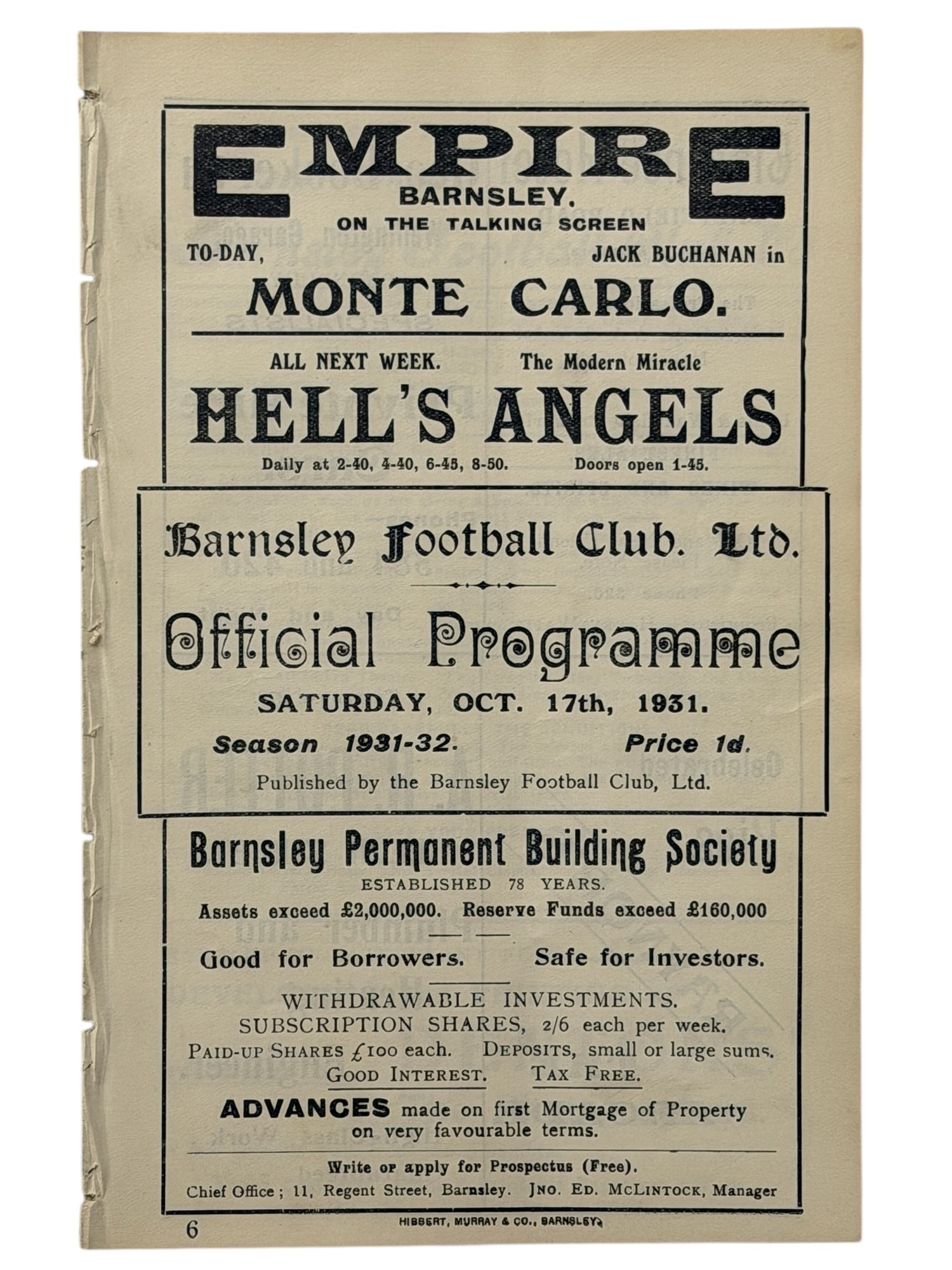 MANCHESTER UNITED AWAY VERSUS BARNSLEY 1931/32 FOOTBALL PROGRAMME, 17 ...