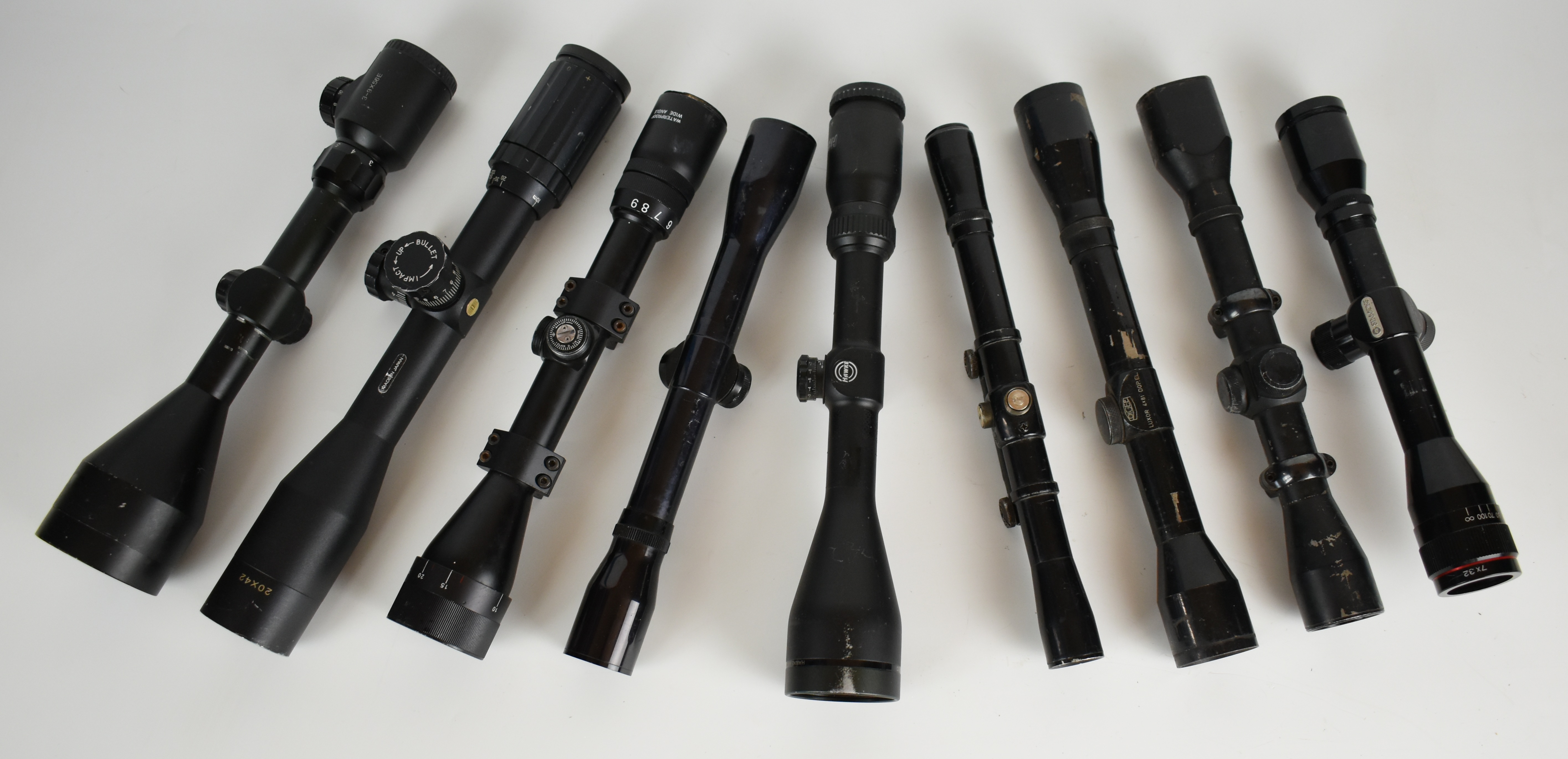 Nine various rifle scopes including Edgar Brothers 20x42, Hawke Airmax ...