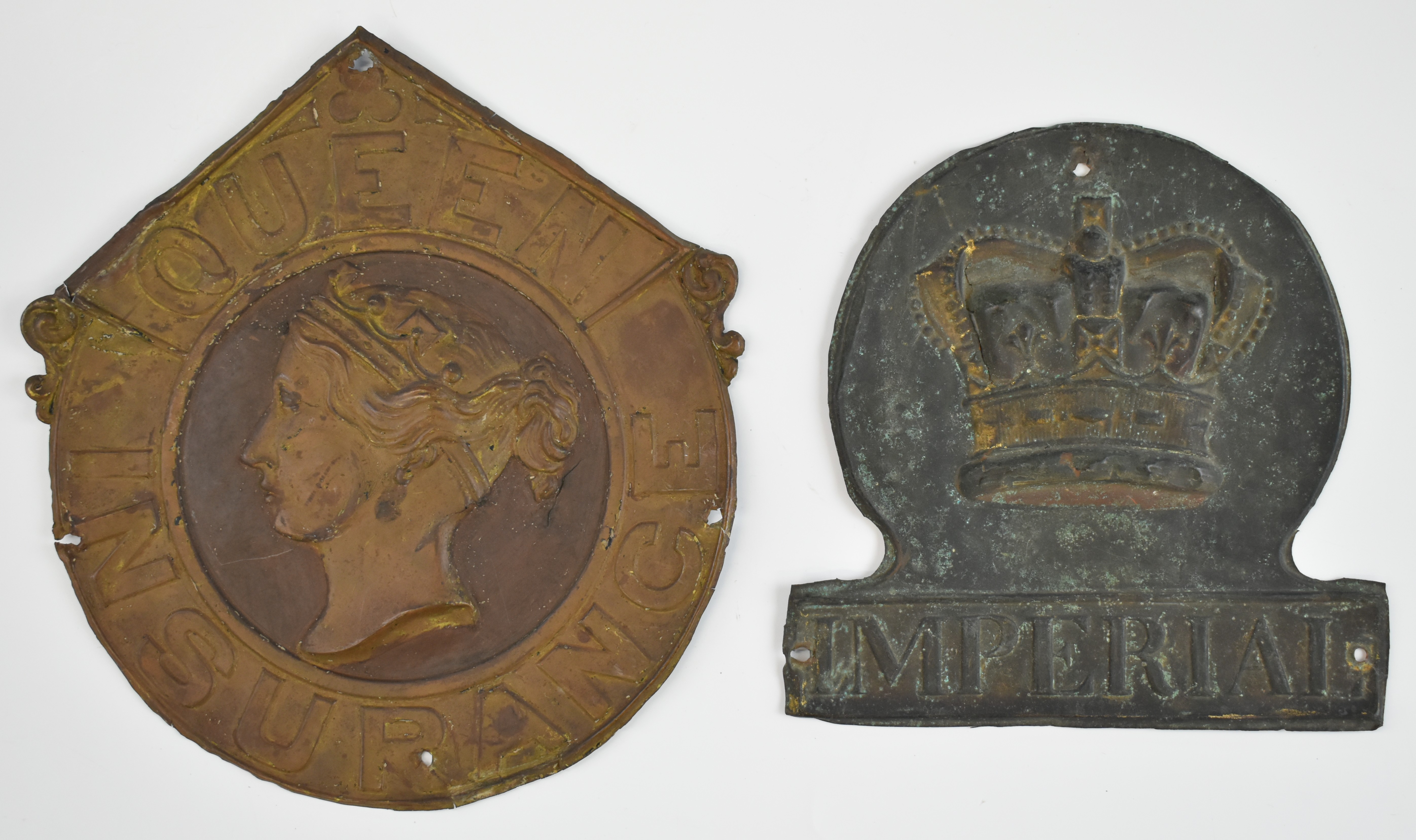 Two copper firemarks Queen Insurance Company (W99B) and Imperial Fire ...