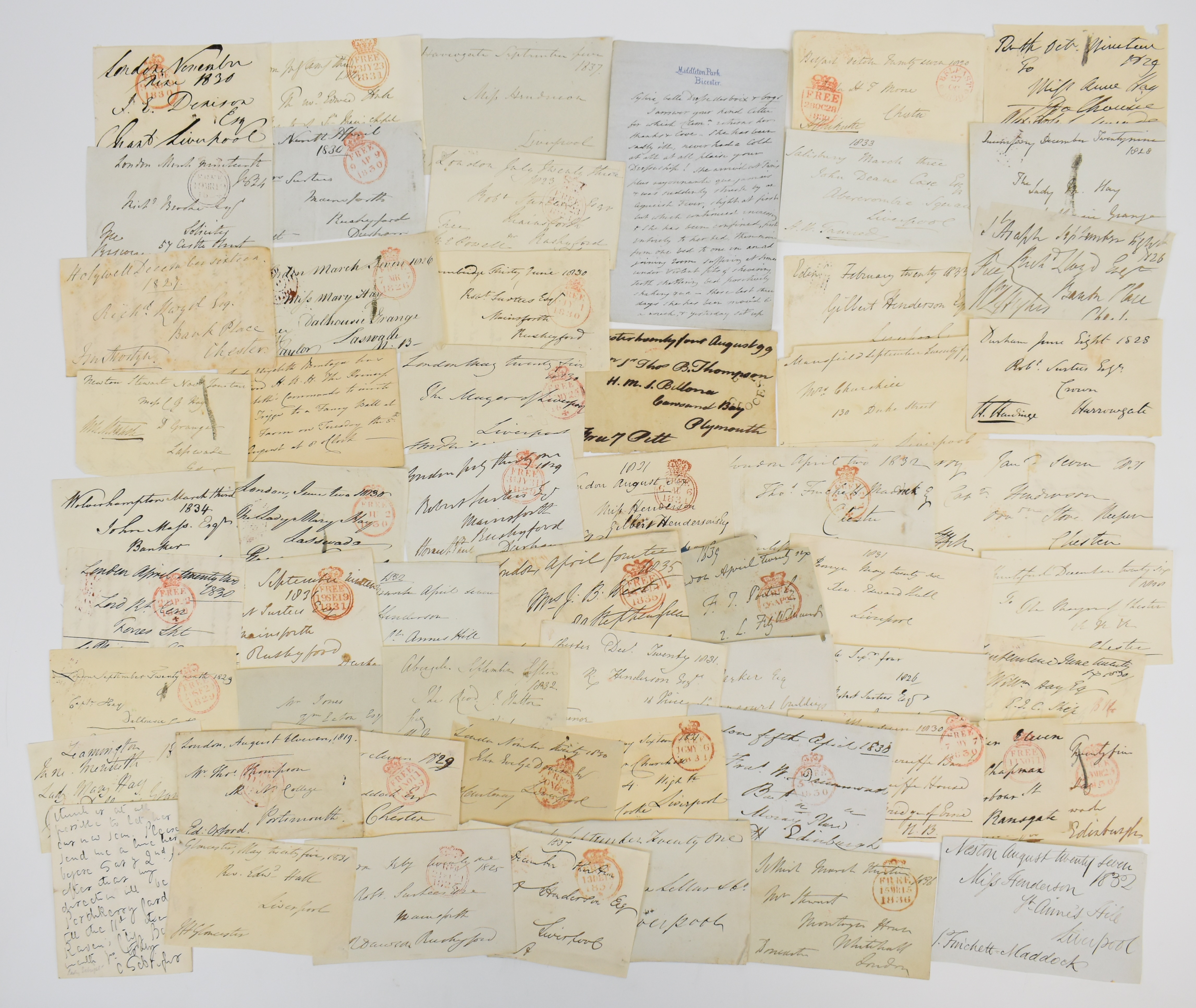 Postal history a collection of over eighty free frank fronts from 1820s ...