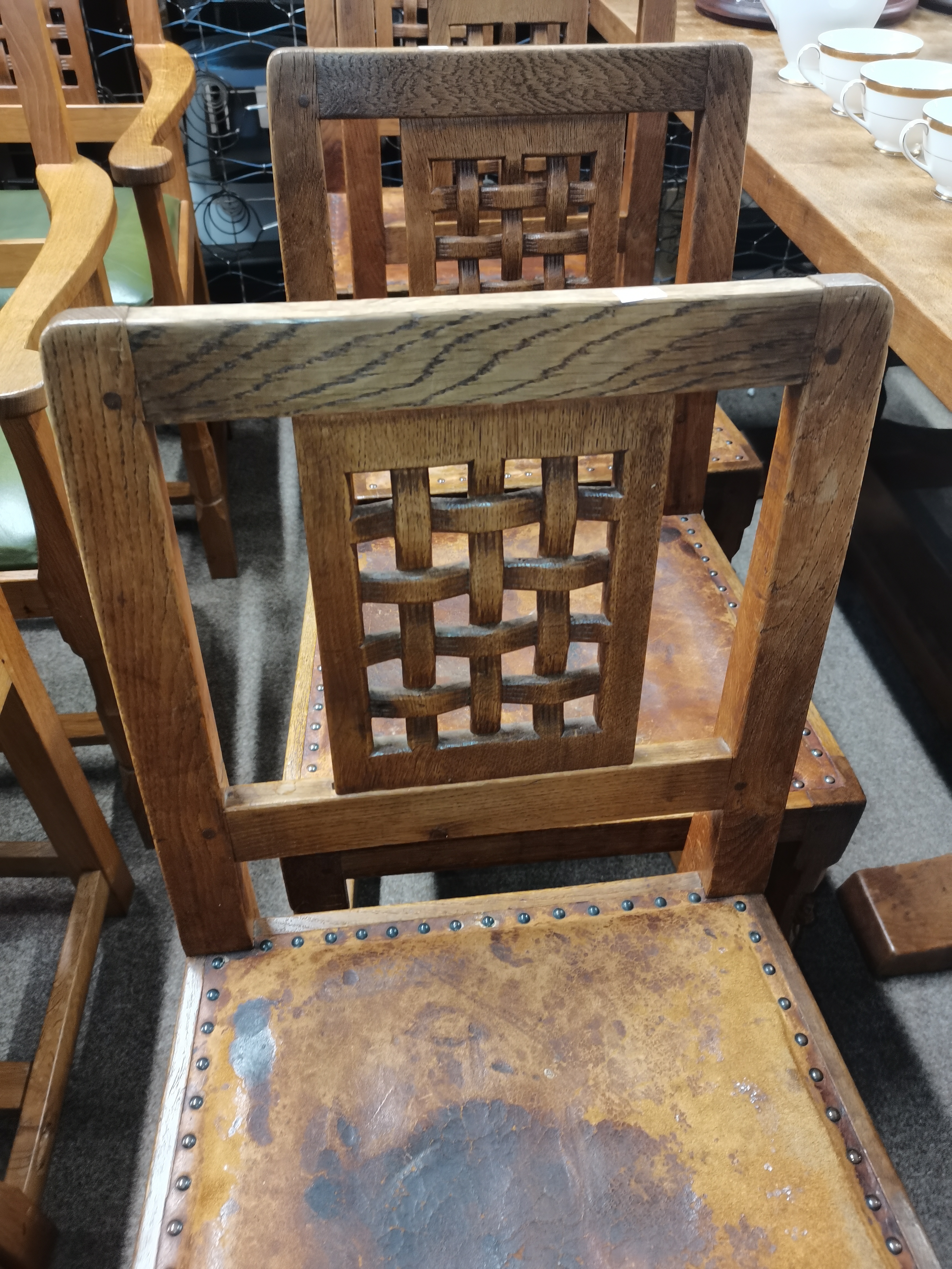 Robert Thompson (Mouseman) set 4 lattice- back Oak dining chairs with ...