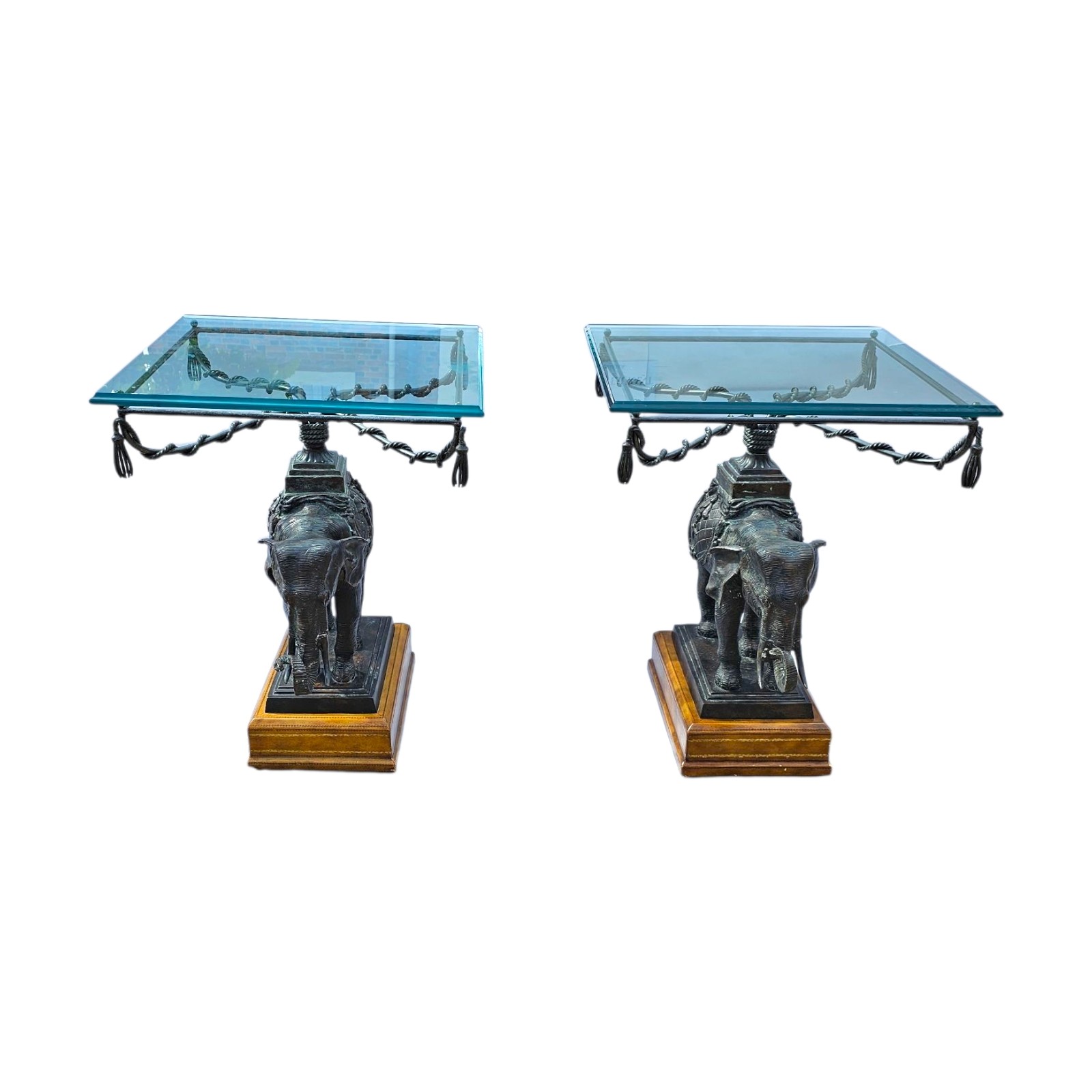 A PAIR OF BRONZE OCCASIONAL TABLESWith plate glass rectangular tops on ...