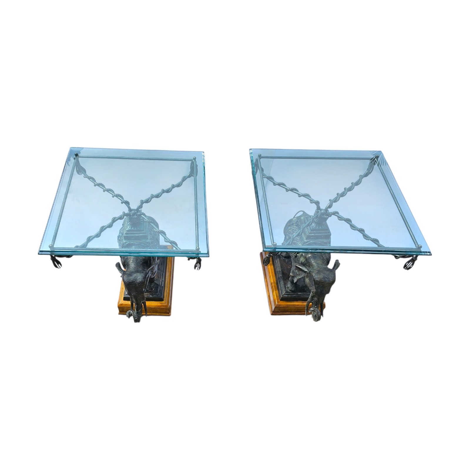 A PAIR OF BRONZE OCCASIONAL TABLESWith plate glass rectangular tops on ...
