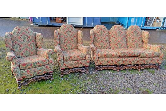 EARLY 20TH CENTURY MAHOGANY FRAMED 3 PIECE WINGBACK SUITE WITH SHAPED ...