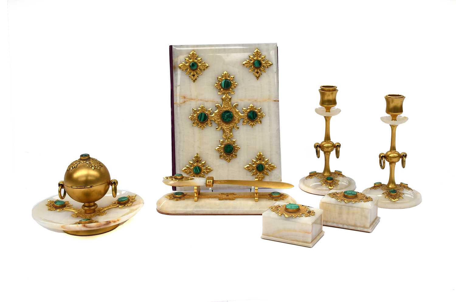 A Gilt-Metal and Malachite-Mounted White Onyx Desk Set, circa 1860 ...