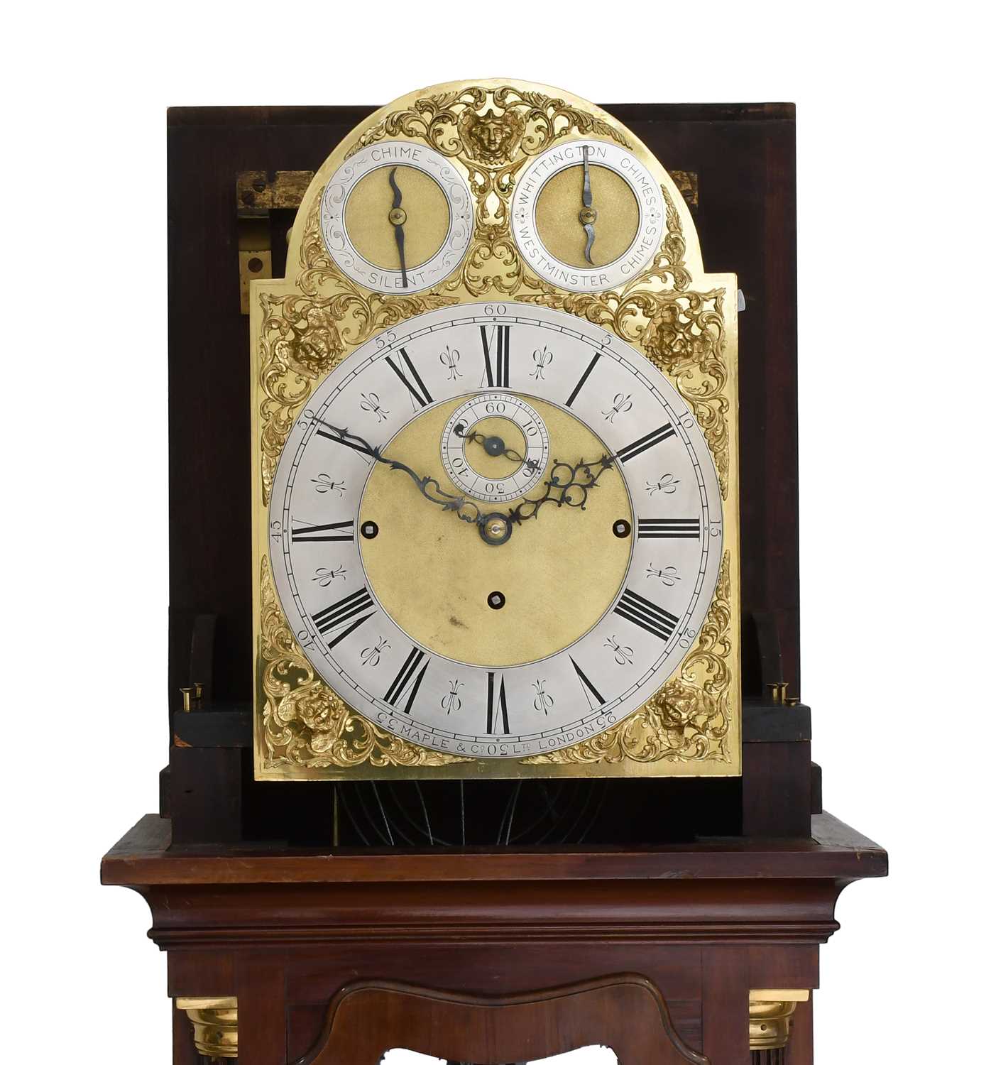 A Good Mahogany Chiming Tubular Bell Longcase Clock, retailed by Maple ...
