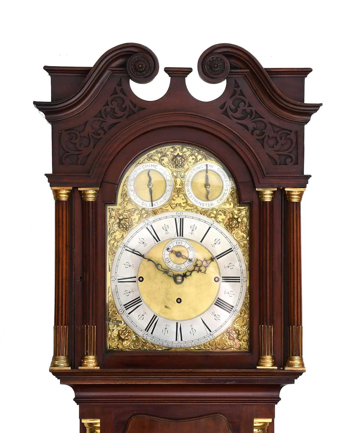 A Good Mahogany Chiming Tubular Bell Longcase Clock, retailed by Maple ...